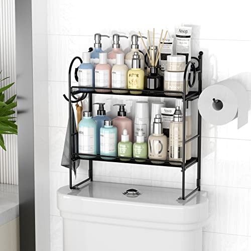 EKNITEY Flolding Over Toilet Storage - No Assembly Bathroom Organizer Shelf Above Toilet Storage Rack with Hooks and Paper Holder 2 Tier Black