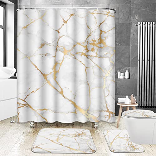 ArtSocket 4 Pcs Shower Curtain Set Marble Gold White Black Geometric Rose Stone Abstract Modern Vintage White Golden with Non-Slip Rugs Toilet Lid Cover and Bath Mat Bathroom Decor Set 72" x 72"