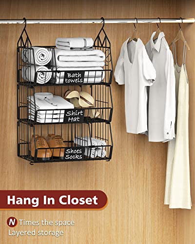 REFLYING 3 Tier Foldable Closet Organizer, Closet Organizers and Storage with 4 S Hooks,Kids Closet Organizers and Storage,Closet Hanging Basket,Metal Drawers for Closet,Black