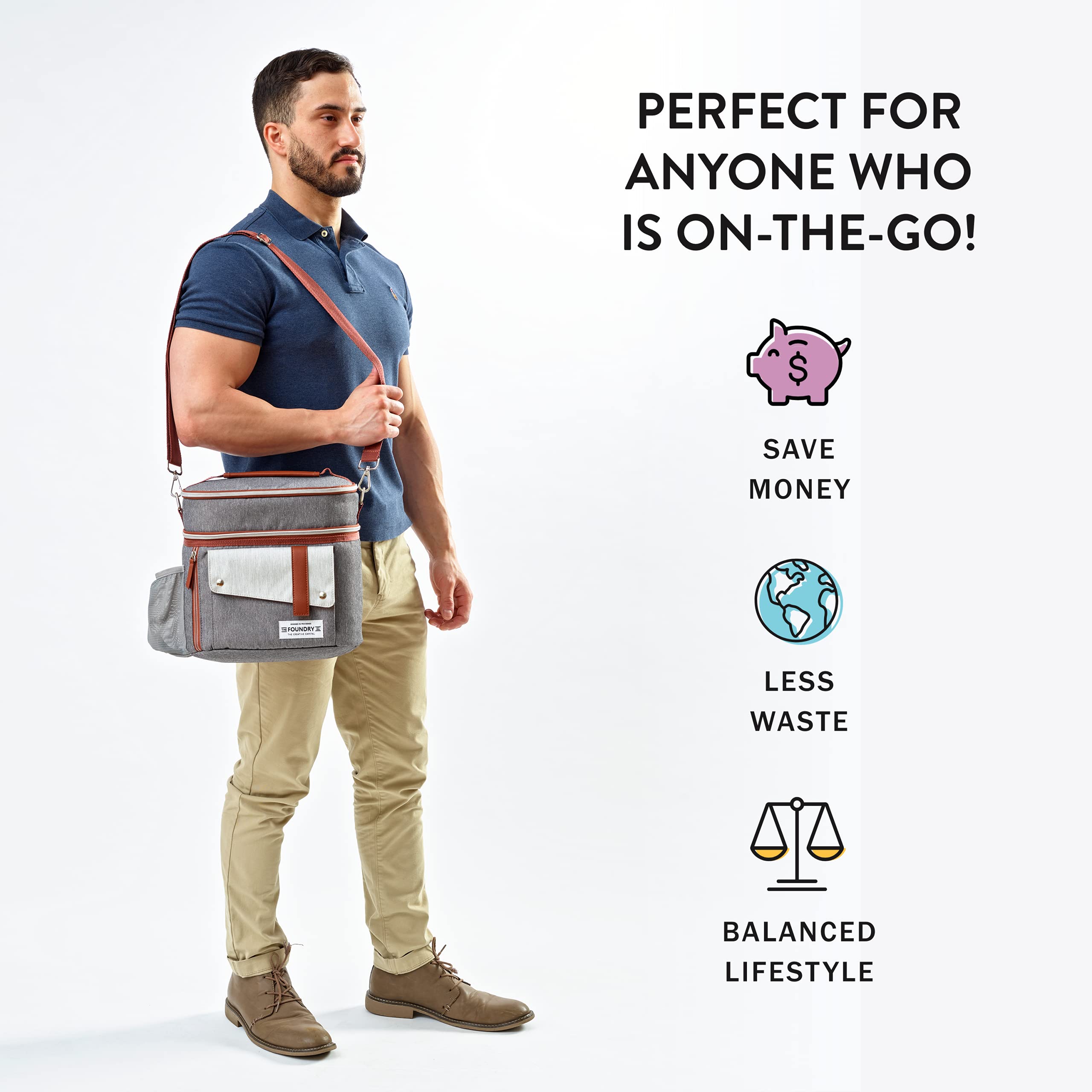 Fit & Fresh Foundry Extra Large Insulated Lunch Box for Men & Women, Large Lunch Bag for Meal Prep, Double Decker Adult Lunch Box for Men with Containers, Adjustable Strap, Dual Compartment, Steel