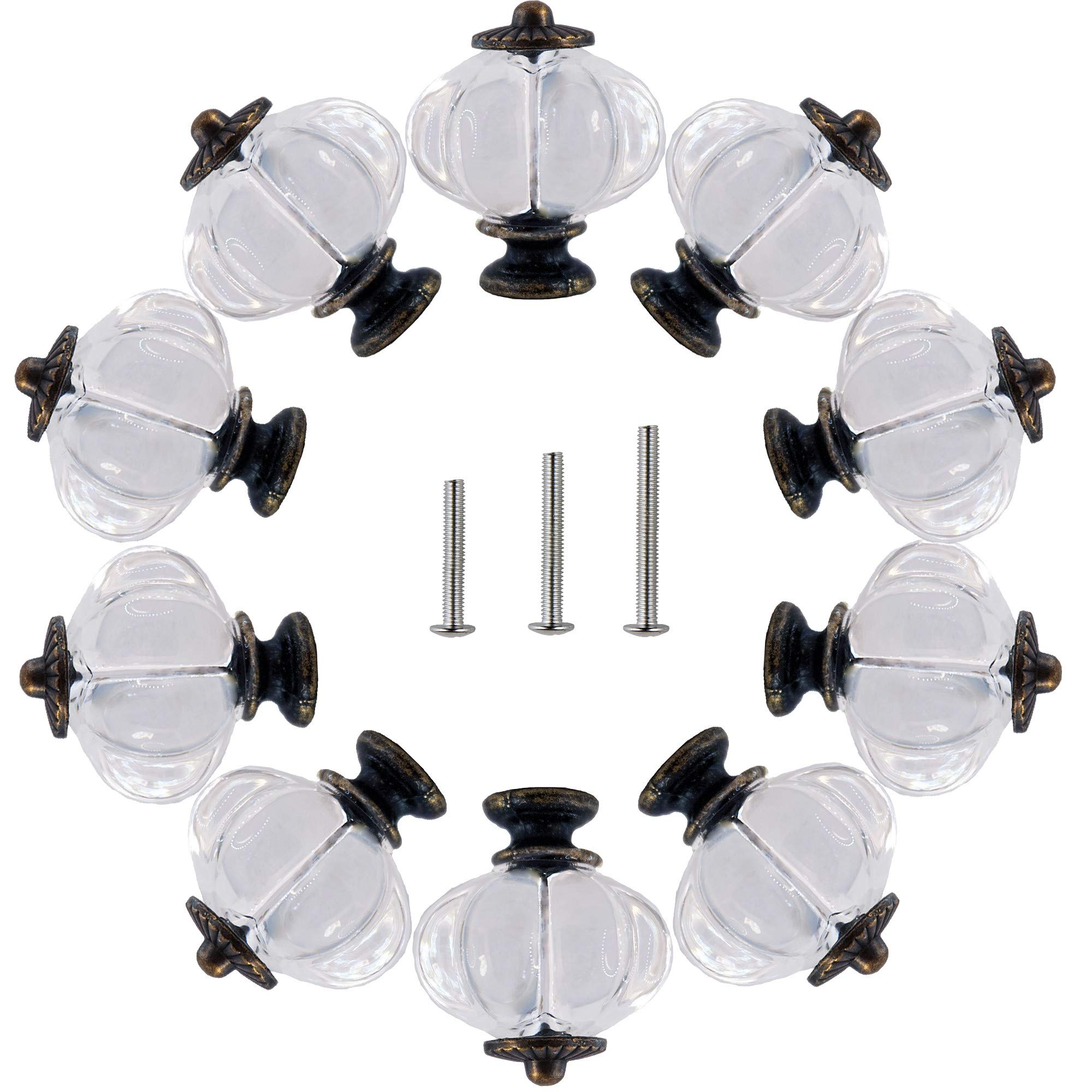 Perphin Acrylic Cabinet Knobs, Clear Pumpkin Dresser knobs Antique Set of 10 Vintage Decorative DIY Handles Pulls for Wardrobe, Closet, Drawers, Kitchen Furniture or Kids Room with 3 Sized Screws