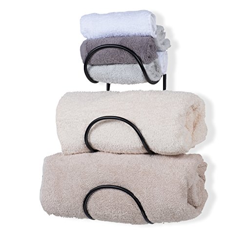 Wallniture Wrought Iron Metal Towel Rack - Solid Quality Wall Mountable for Bathroom Storage - Large Enough to Fit Rolled Bath Beach Towels Black Set of 2