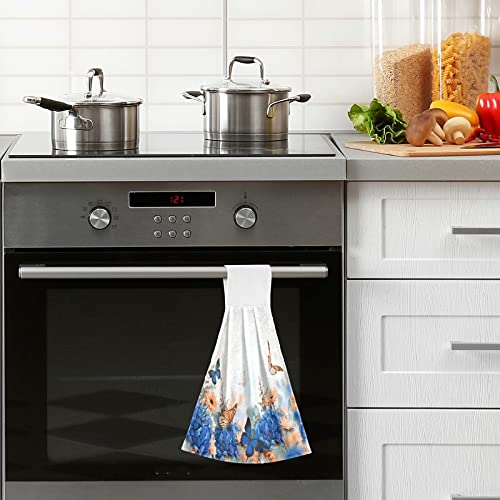 Butterflies Hanging Kitchen Towels Blue Flowers Floral Hand Towel 2PCS Dish Cloth Tie Towel Absorbent Oven Stove Washcloth with Loop for Bathroom Home Decorative