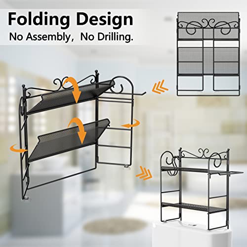 EKNITEY Flolding Over Toilet Storage - No Assembly Bathroom Organizer Shelf Above Toilet Storage Rack with Hooks and Paper Holder 2 Tier Black