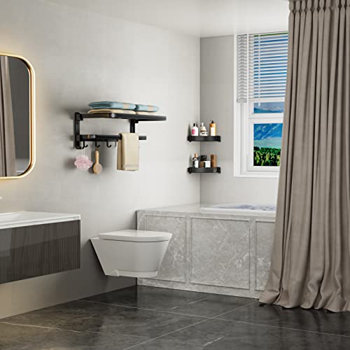 KAHANG Foldable 24 Inch Towel Rack for Bathroom with Sturdy Hooks - Save Space & Keep Towels Clean and Tidy Matte Black