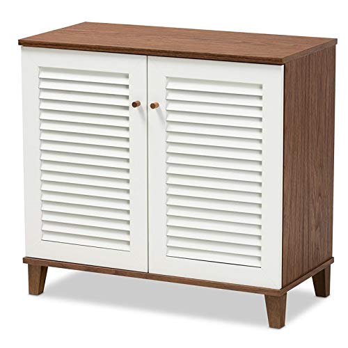 BOWERY HILL Modern 2 Doors Shoe Cabinet, 12 Pairs Shoe Rack Storage Organizer in White and Walnut Finish