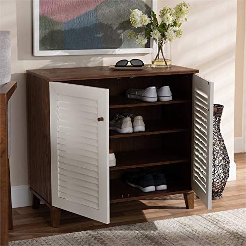 BOWERY HILL Modern 2 Doors Shoe Cabinet, 12 Pairs Shoe Rack Storage Organizer in White and Walnut Finish
