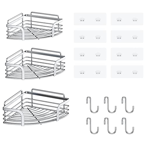 3 Pack Corner Shower Caddy: Adhesive Stainless Steel No-drilling Bathroom Organizer for 90° Corners- Installed in Minutes, Heavy Duty Shower Shelves for Storage- 6 Metal Hooks with Caps, 8 Adhesives