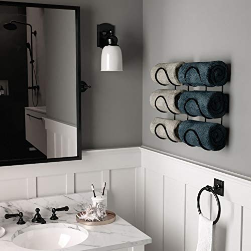Wallniture Wrought Iron Metal Towel Rack - Solid Quality Wall Mountable for Bathroom Storage - Large Enough to Fit Rolled Bath Beach Towels Black Set of 2
