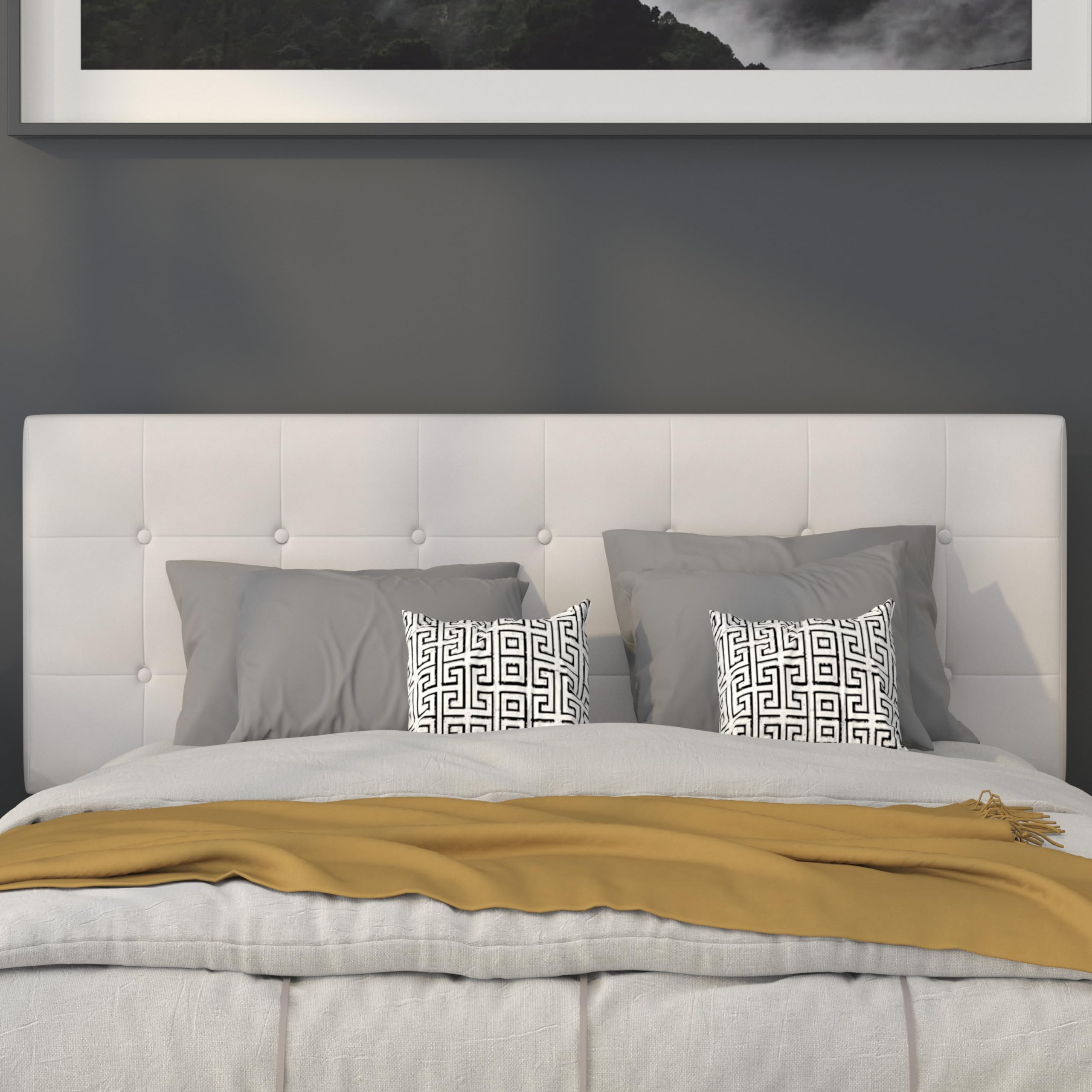 BizChair Button Tufted Upholstered Queen Size Headboard in White Vinyl