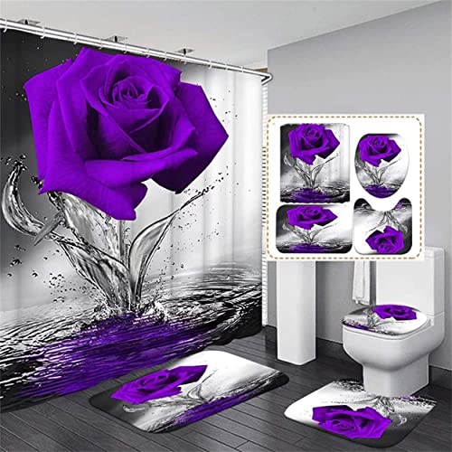 Purple Rose Bathroom Sets with Shower Curtain and Rugs Water Purple Rose Shower Curtain Set with Non-Slip Rugs,Bath Mat,Toilet Lid Cover and 12 Strong Hooks,Modern Style Shower Curtain for Bathroom