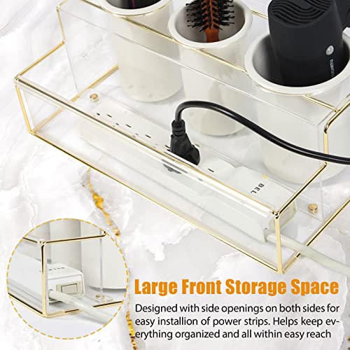 J JACKCUBE DESIGN Hair Dryer Holder Organizer Hair Tool Styling Storage Countertop Gold Clear Acrylic Bath Supplies Blow Dryer Flat Iron Tray Stand, Bathroom Vanity Caddy with 3 Cups- MK1026A