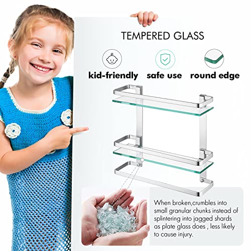 KES Bathroom Tempered Glass Shelf 2 Tier Storage Glass Shelf Rectangular with Bar Wall Mounted Sand Sprayed Anodized Aluminum Finish, A4127B