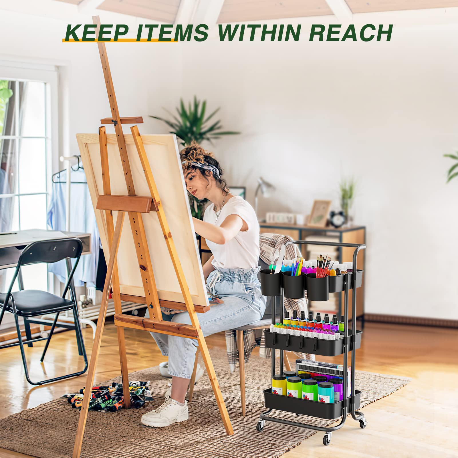 3-Tier Rolling Mobile Utility Cart with Hanging Cups & Hooks & Handle Multifunctional Organizer Storage Trolley Service Cart with Wheels Easy Assembly for Office, Bathroom, Kitchen (Black)