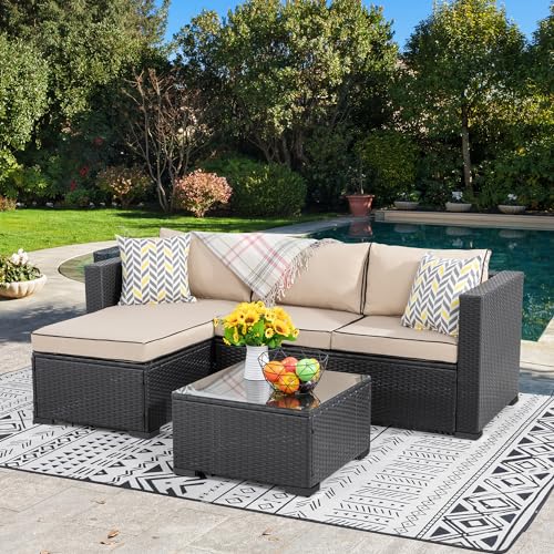 Walsunny Patio Furniture Set 3 Piece Outdoor Sectional Patio Sofa, All Weather Wicker Rattan Outdoor Furniture with Glass Table and Cushions(Black/Khaki)