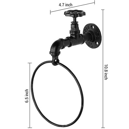 MyGift Industrial Faucet Pipe Metal Black Towel Ring, Wall Mounted Hand Towel Holder Hanging Rack