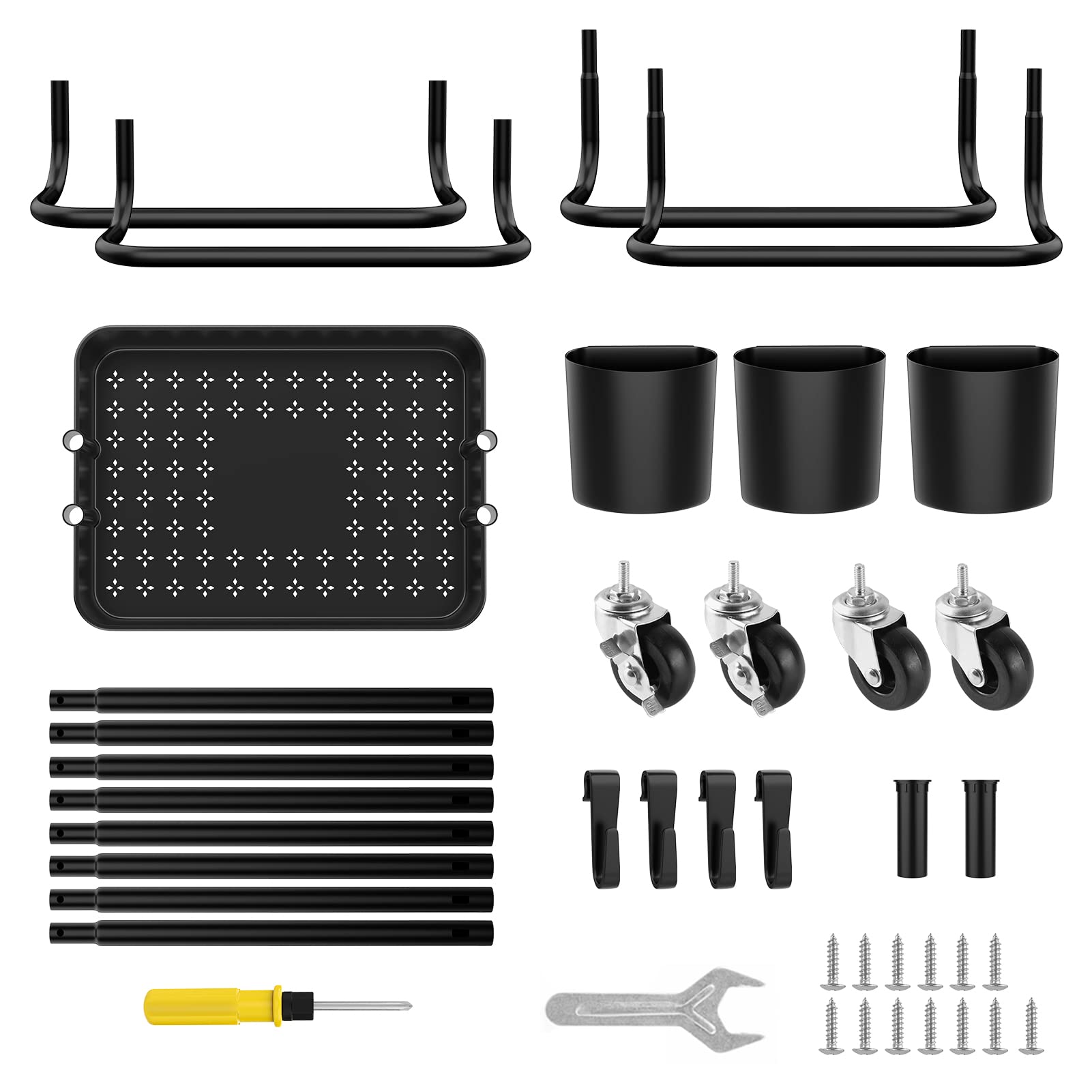 3-Tier Rolling Mobile Utility Cart with Hanging Cups & Hooks & Handle Multifunctional Organizer Storage Trolley Service Cart with Wheels Easy Assembly for Office, Bathroom, Kitchen (Black)