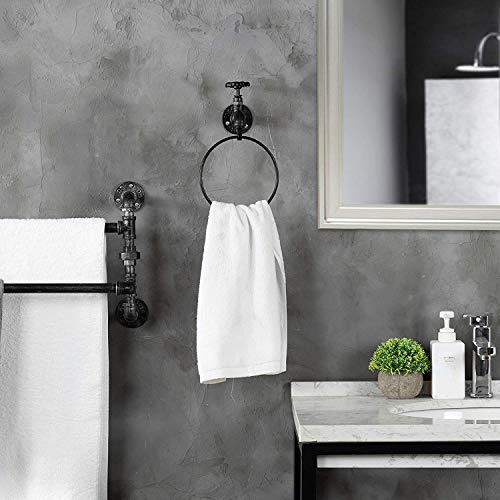 MyGift Industrial Faucet Pipe Metal Black Towel Ring, Wall Mounted Hand Towel Holder Hanging Rack