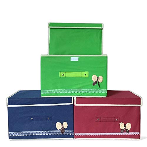 Collapsible Storage Boxes 3-Pack- Bins with Lid and Handle ā Assorted Colored Containers with Lids for Toys Documents Clothes Shoes Blankets Papers Etc.