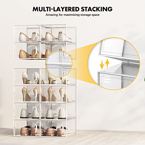 SEE SPRING Large 12 Pack Shoe Storage Box, Shoe Organizer for Closet, Clear Plastic Stackable Shoe Boxes, Space Saving Foldable Sneaker Shoe Rack Containers Bin Holder (Clear)