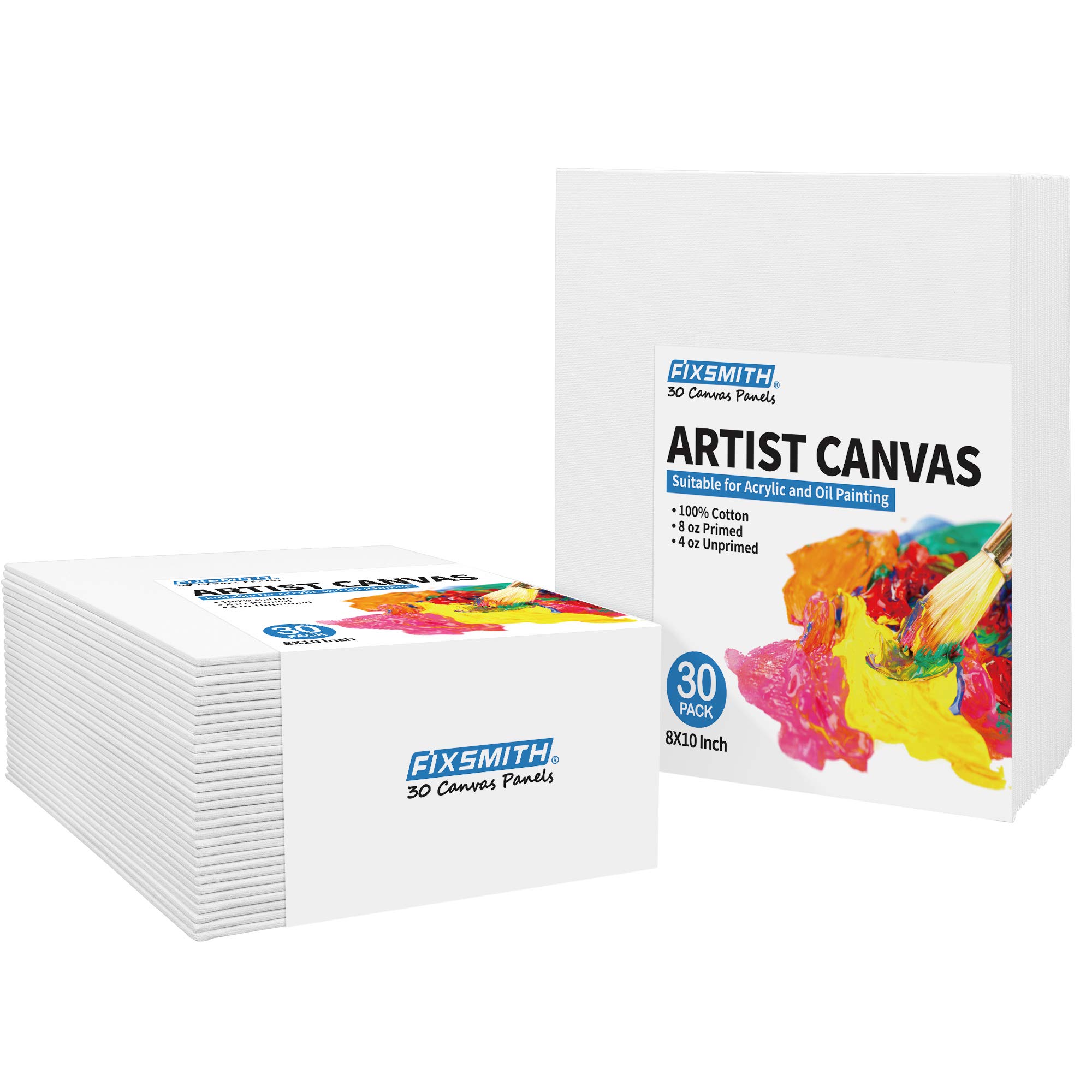 FIXSMITH Canvas for Painting, 8x10 Inch Canvas Boards, Super Value 30 Pack White Blank Canvas Panels, 100% Cotton Primed, Painting Art Supplies for Professionals, Hobby Painters, Students & Kids