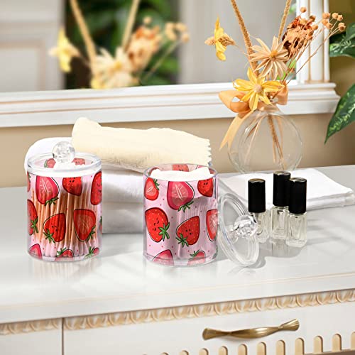 Clear Plastic Jar Set for Cotton Ball, Cotton Swab, Cotton Round Pads, Floss, Kawaii Fruits Cute Strawberry Bathroom Canisters Storage Organizer, Vanity Makeup Organizer,2Pack