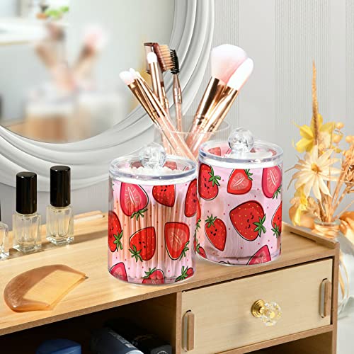Clear Plastic Jar Set for Cotton Ball, Cotton Swab, Cotton Round Pads, Floss, Kawaii Fruits Cute Strawberry Bathroom Canisters Storage Organizer, Vanity Makeup Organizer,2Pack