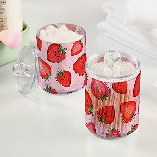 Clear Plastic Jar Set for Cotton Ball, Cotton Swab, Cotton Round Pads, Floss, Kawaii Fruits Cute Strawberry Bathroom Canisters Storage Organizer, Vanity Makeup Organizer,2Pack