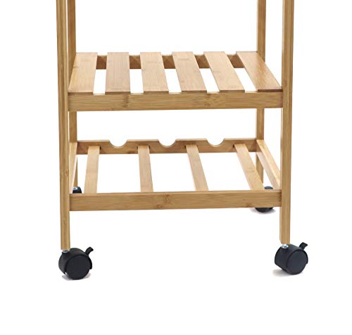 Redmon Bamboo Multi Shelf Kitchen Trolley, Three Open Shelves, Slide Drawer, Locking Castors, Wine Bottle Holder, 15.25 Inch Width x 15.25 Inch Depth x 31.50 Inch Height