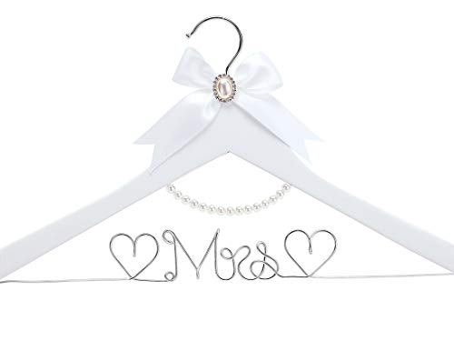 HUIDIAN White Solid Wood Bridal Dress Hanger with Lady Wire Lettering for Bridal Wedding Party Gift (Silver Thread and Pearl Chain White Hanger)