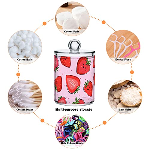 Clear Plastic Jar Set for Cotton Ball, Cotton Swab, Cotton Round Pads, Floss, Kawaii Fruits Cute Strawberry Bathroom Canisters Storage Organizer, Vanity Makeup Organizer,2Pack