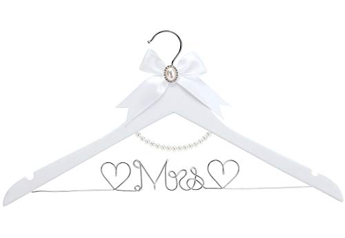 HUIDIAN White Solid Wood Bridal Dress Hanger with Lady Wire Lettering for Bridal Wedding Party Gift (Silver Thread and Pearl Chain White Hanger)