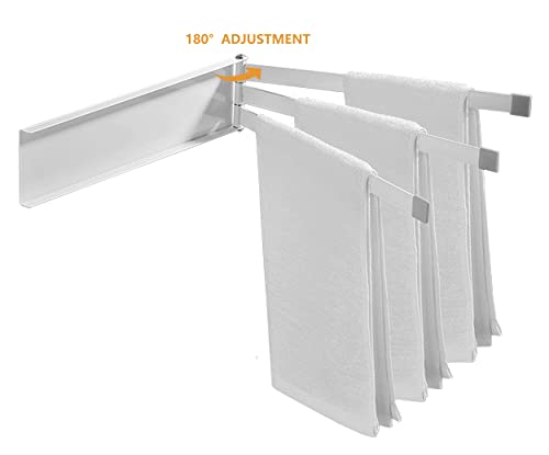 YEAVS Swing Towel Holder Rack White, Wall Mounted Towel Bar Swivel with 3-Arm for Bathroom Kitchen Storage