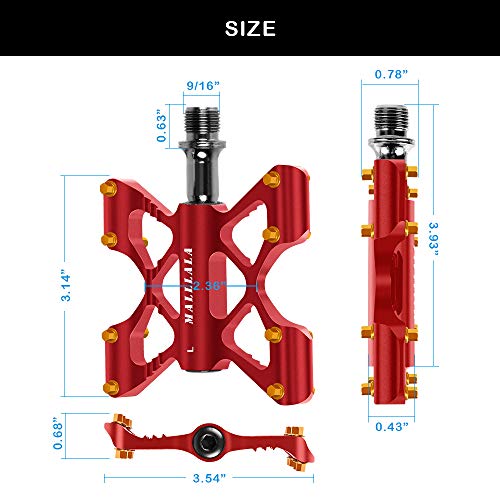 MALLLALA Mountain Bike Pedals,9/16" 3 Sealed Bearing Aluminum Alloy Bicycle Pedals, Bicycle Flat Pedals for BMX Bike,Road Bike, Butterfly Shape Design,16 Hexagonal Non-Slip Studs