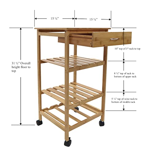 Redmon Bamboo Multi Shelf Kitchen Trolley, Three Open Shelves, Slide Drawer, Locking Castors, Wine Bottle Holder, 15.25 Inch Width x 15.25 Inch Depth x 31.50 Inch Height