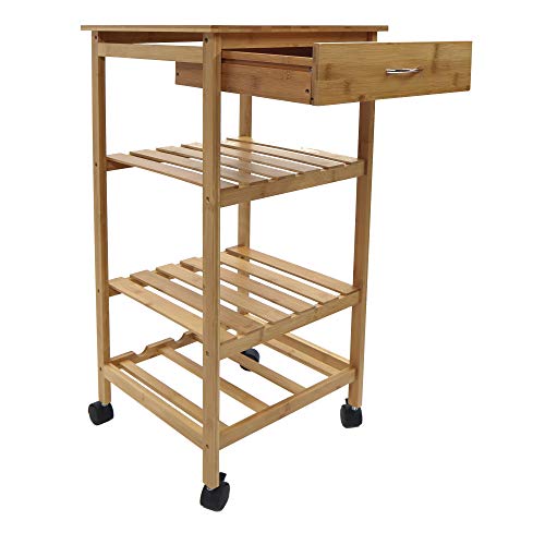 Redmon Bamboo Multi Shelf Kitchen Trolley, Three Open Shelves, Slide Drawer, Locking Castors, Wine Bottle Holder, 15.25 Inch Width x 15.25 Inch Depth x 31.50 Inch Height