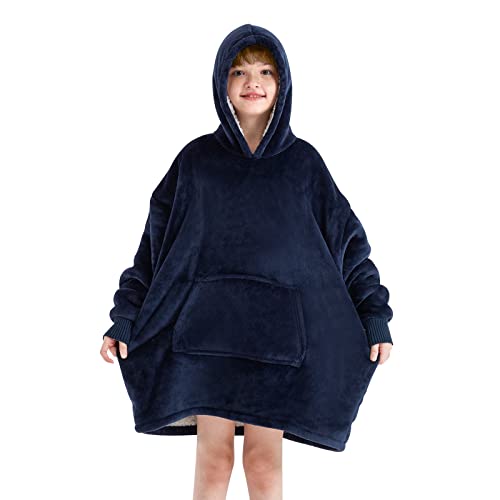 Touchat Wearable Blanket Hoodie, Oversized Sherpa Blanket Sweatshirt with Hood Pocket and Sleeves, Super Soft Warm Plush Hooded Blanket for Kids, One Size Fits All (NavyBlue)
