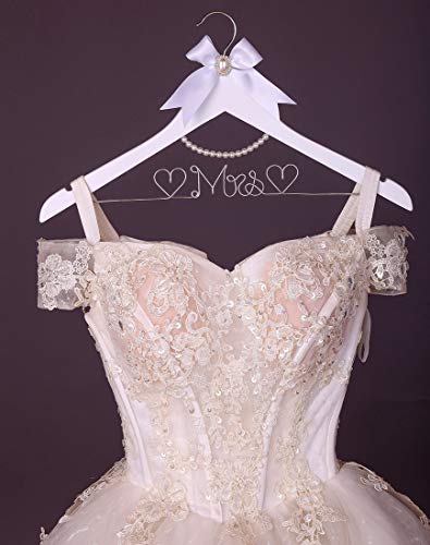 HUIDIAN White Solid Wood Bridal Dress Hanger with Lady Wire Lettering for Bridal Wedding Party Gift (Silver Thread and Pearl Chain White Hanger)