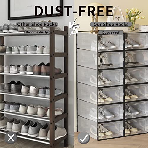 JOCHER 12 Pack Shoe Storage Boxes Black,Clear Plastic Stackable Shoes Organizer for Closet,Sneaker Storage Bins with Lids,Shoe Storage Containers for Under Bed,Entryway,Closet Floor,Space Saving