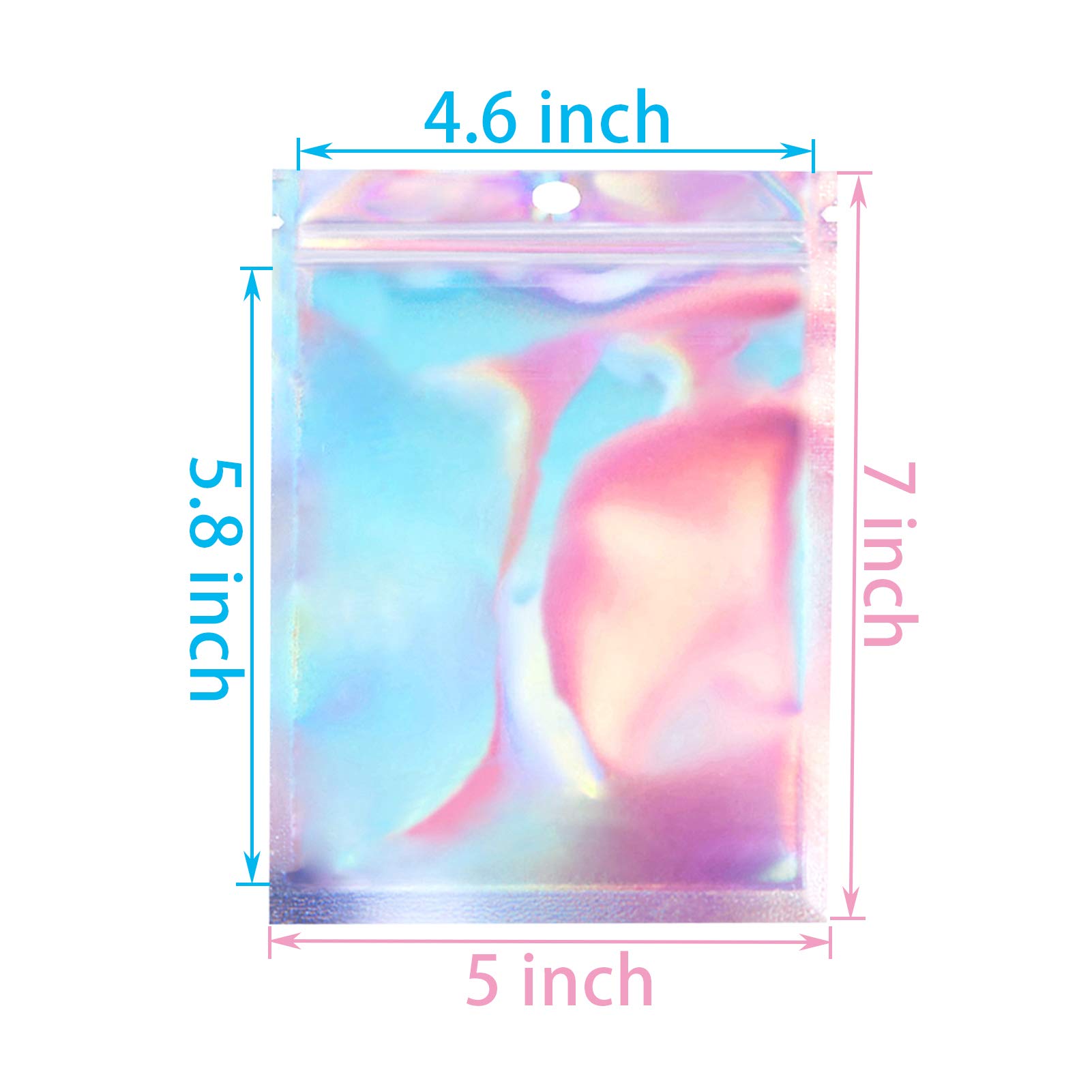 Malastar 5x7 inch 100PCS Reusable Smell Proof Bags,Holographic Foil Pouch Baggies,Front Clear Window Mylar Ziplock Bag for Food Storage,Packaging Products,Shipping