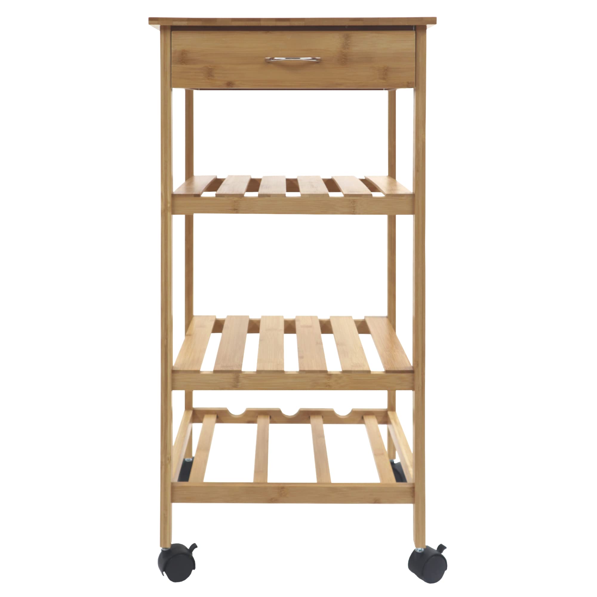 Redmon Bamboo Multi Shelf Kitchen Trolley, Three Open Shelves, Slide Drawer, Locking Castors, Wine Bottle Holder, 15.25 Inch Width x 15.25 Inch Depth x 31.50 Inch Height