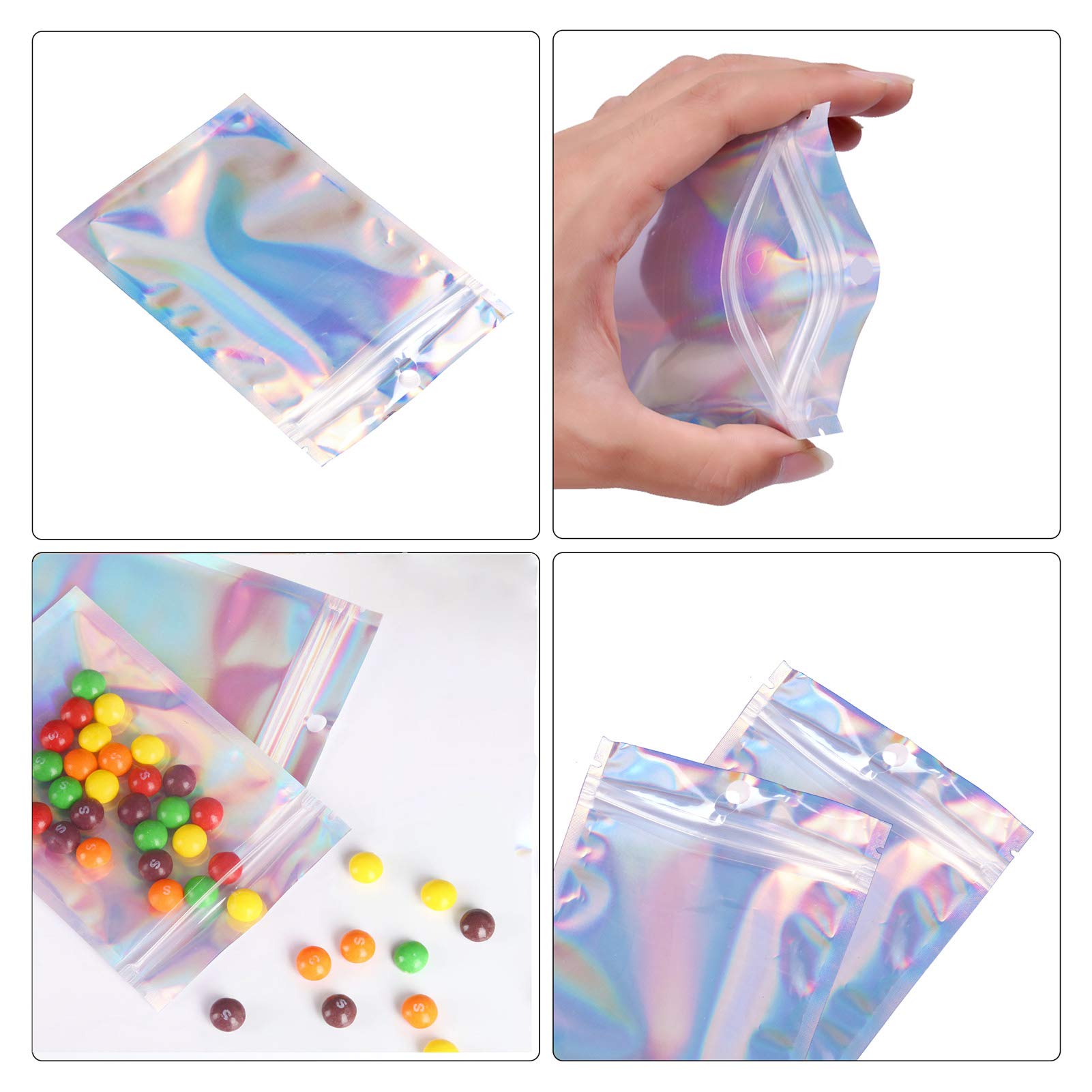 Malastar 5x7 inch 100PCS Reusable Smell Proof Bags,Holographic Foil Pouch Baggies,Front Clear Window Mylar Ziplock Bag for Food Storage,Packaging Products,Shipping