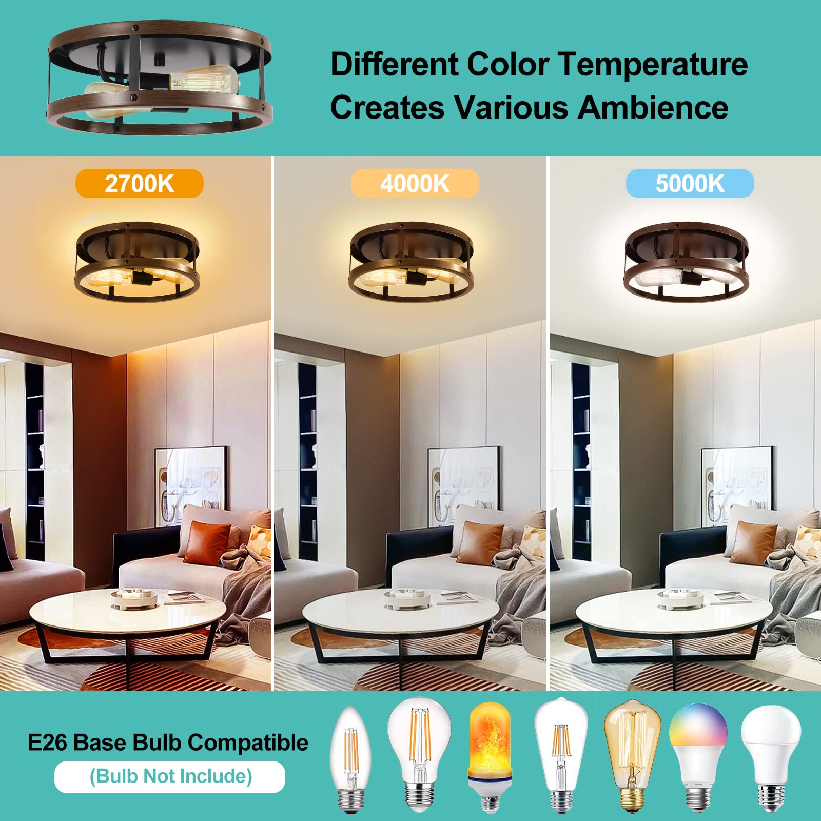EAPUDUN Farmhouse Flush Mount Ceiling Light, 13" Imitation Wood 2-Light Fixture, Retro Style Lamp for Hallway, Entryway, Bedroom, Kitchen, Dining Room (FMA1138-FBDT)