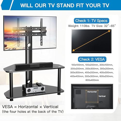 PERLESMITH Swivel Floor TV Stand/Base for 32-65 Inch TVs-Universal Corner TV Stand Mount with Storage for Media-Height Adjustable Entertainment Stand with Cable Management, VESA 600x400mm, PSFS03