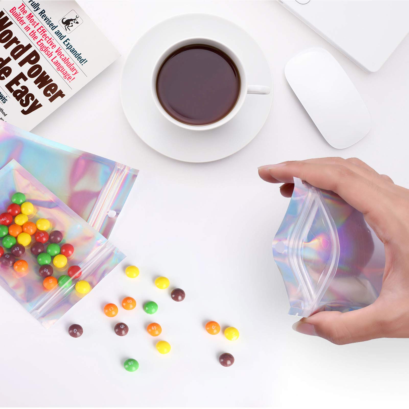 Malastar 5x7 inch 100PCS Reusable Smell Proof Bags,Holographic Foil Pouch Baggies,Front Clear Window Mylar Ziplock Bag for Food Storage,Packaging Products,Shipping