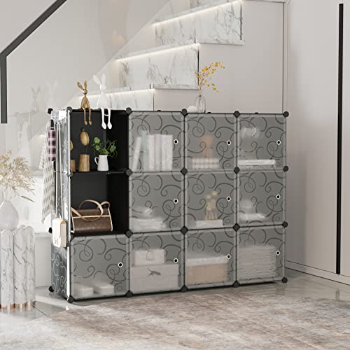 C&AHOME Cube Storage Organizer with Doors, 12-Cube Shelves, Closet Cabinet, DIY Plastic Modular Bookshelf Ideal for Bedroom, Living Room, 36.6”L x 12.4”W x 48.4”H Black USHS3012B-DOOR