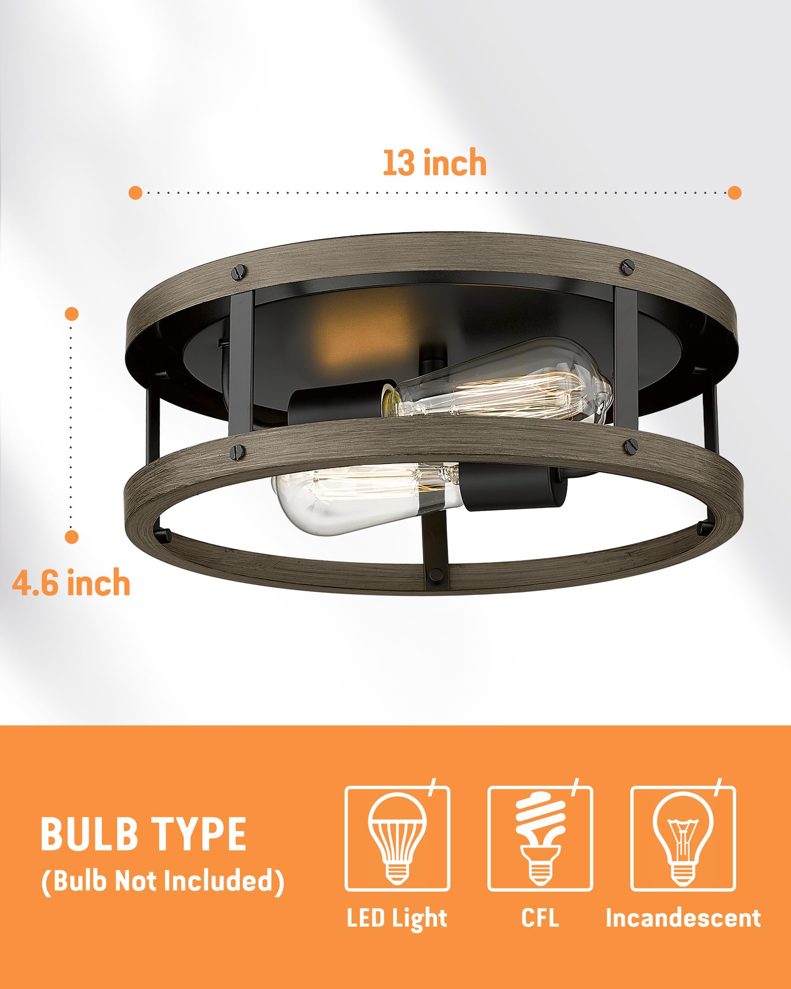 EAPUDUN Farmhouse Flush Mount Ceiling Light, 13" Imitation Wood 2-Light Fixture, Retro Style Lamp for Hallway, Entryway, Bedroom, Kitchen, Dining Room (FMA1138-FBDT)