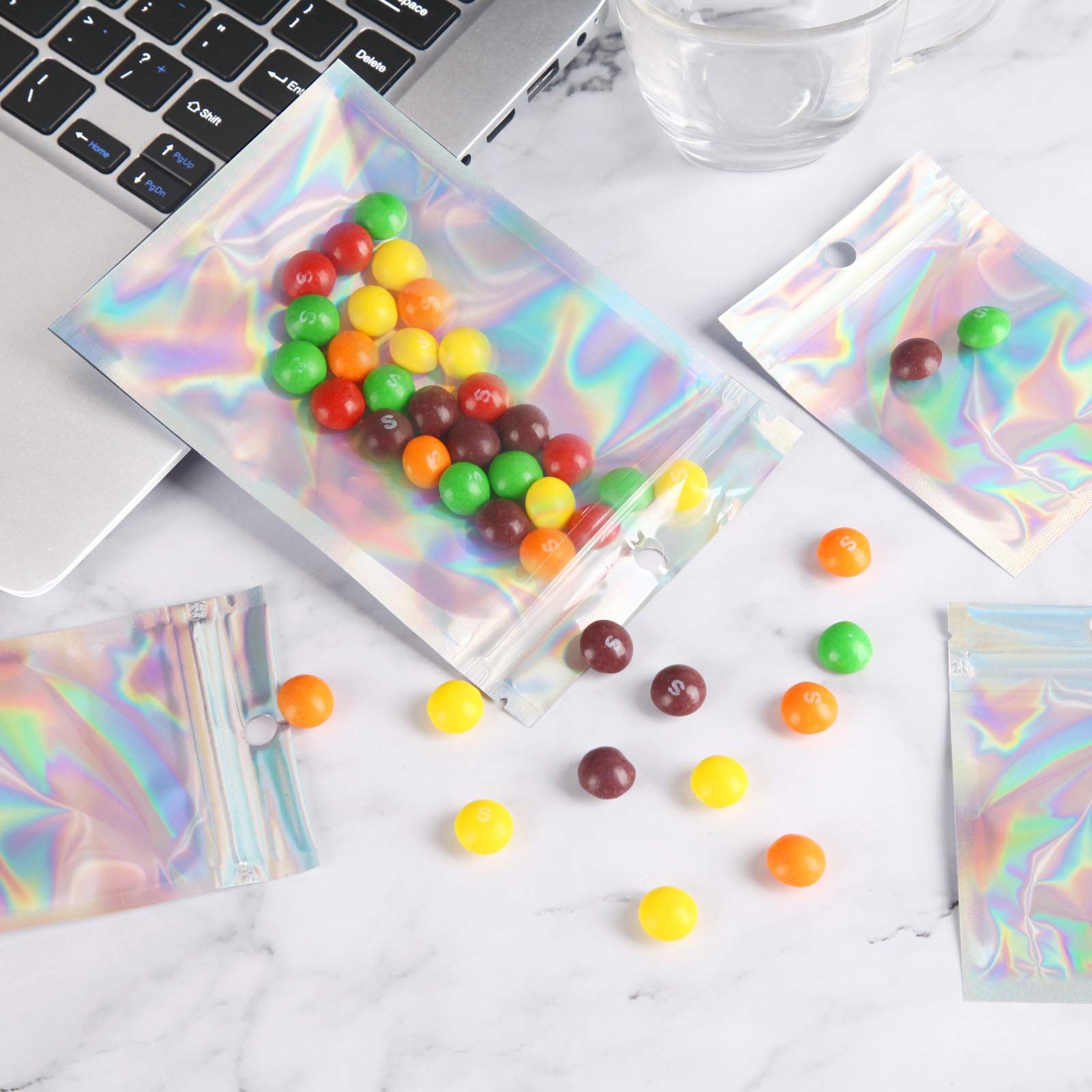 Malastar 5x7 inch 100PCS Reusable Smell Proof Bags,Holographic Foil Pouch Baggies,Front Clear Window Mylar Ziplock Bag for Food Storage,Packaging Products,Shipping