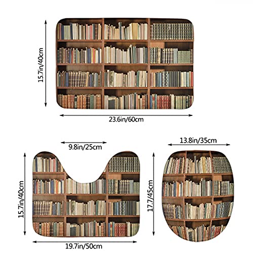 WONDERTIFY Library Bathroom Antiskid Pad Old Book Collection Brown Shelf 3 Pieces Bathroom Rugs Set, Bath Mat+Contour+Toilet Lid Cover Multicolor