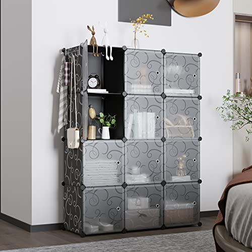 C&AHOME Cube Storage Organizer with Doors, 12-Cube Shelves, Closet Cabinet, DIY Plastic Modular Bookshelf Ideal for Bedroom, Living Room, 36.6”L x 12.4”W x 48.4”H Black USHS3012B-DOOR